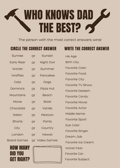 Father S Day Game Activity Quiz Who Knows Dad Best Quiz Game Fun Party