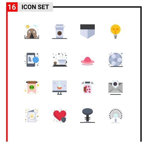 Pictogram Set Of 16 Simple Flat Colors Of Tea Breakfast Bulb Internet Communication Editable