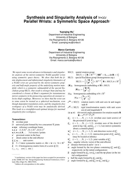 PDF Synthesis And Singularity Analysis Of N U U Parallel Wrists A Symmetric Space Approach