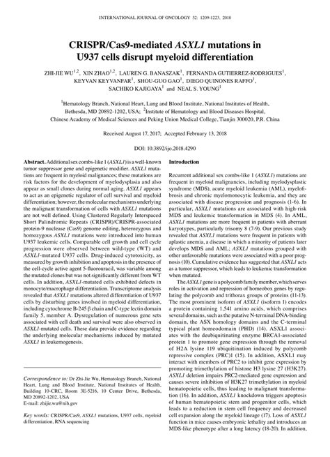pdf crispr cas9 mediated asxl1 mutations in u937 cells disrupt