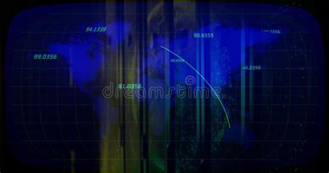 displaying animation of world map with lines and numerical data showing