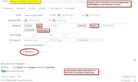 create a report by status and media type eg list of overdue dvds