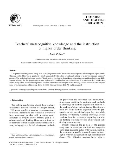 Pdf Teachers Metacognitive Knowledge And The Instruction Of Higher Order Thinking