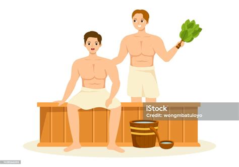 사우나와 스팀 룸은 사람들이 휴식을 취하고 몸을 씻고 증기를 마시거나 평면 만화 손으로 그린 템플릿 그림에서 시간을 즐깁니다 건강관리와 의술에 대한 스톡 벡터 아트 및 기타