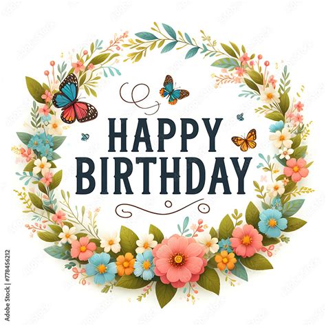 Happy Birthday Sign With Flower Wreath And Butterflies On White