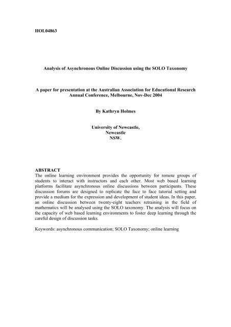 Hol04863 Analysis Of Asynchronous Online Discussion Aare