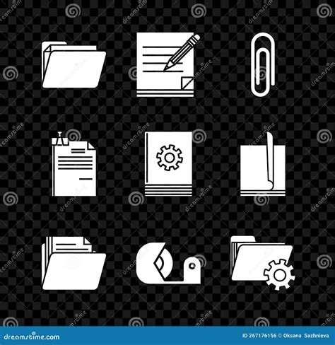 Set Document Folder Blank Notebook And Pencil With Eraser Paper Clip Scotch Folder Settings