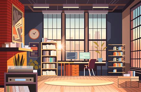 창조적 인 빈 사람이 없는 아파트 기업 또는 프리랜서 작업을 위한 가구가 있는 열린 공간의 현대적인 로프트 인테리어 홈 오피스