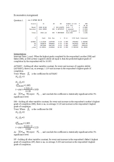Econometrics Assignment On Testing And Interpretations ECMT