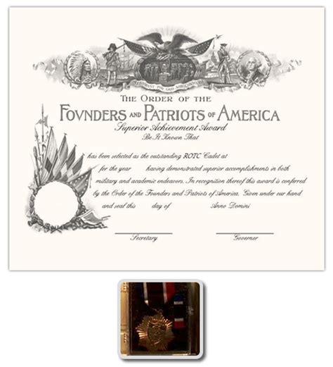 Rotc Cadet Certificate With Medal And Ribbon The Order Of The Founders And Patriots Of America