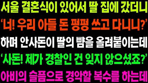 실화사연 서울 결혼식이 있어 딸 집에 갔더니 너 우리 아들 돈 펑펑 쓰고 다니니 하며 안사돈이 딸에게 손을 올리는데 사이다 사연 감동사연 톡톡사연 Youtube