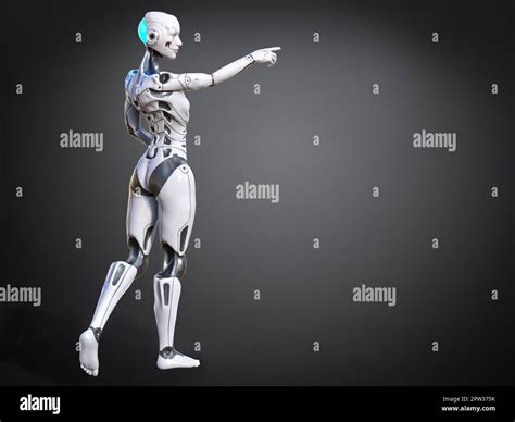 3d Rendering Of An Android Robot Woman Posing With Her Back Against The