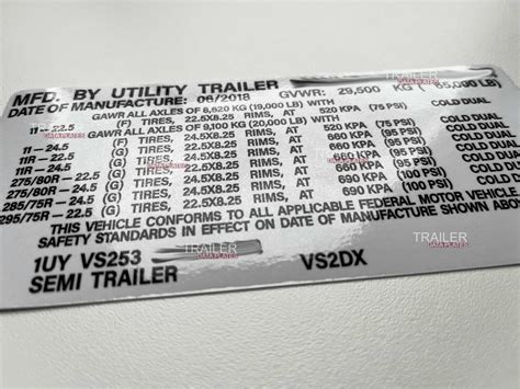 Utility Dry Van Trailer Data Decal Sticker Vin Id Tag Reproduction
