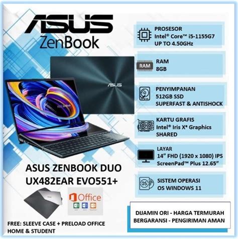 Jual Laptop Asus Zenbook Duo UX482EAR EVO551 BLUE INTEL EVO I5 1155G7 8GB 512GB IRIS XE 14 FHD
