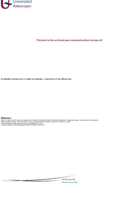 Pdf Endothelial Maintenance In Health And Disease Importance Of Sex