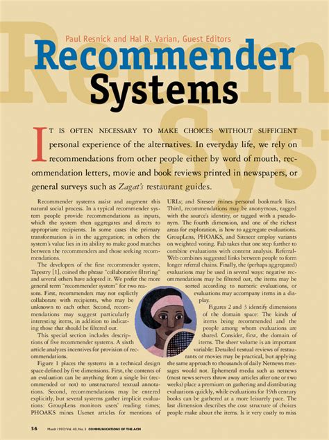 Recommender Systems Communications Of The ACM
