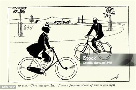 자전거를 타는 남성과 여성 사이클리스트가 서로를 지나치는 실루엣 스케치 빅토리아 시대 1890년대 19세기 고풍스런에 대한 스톡 벡터 아트 및 기타 이미지 Istock