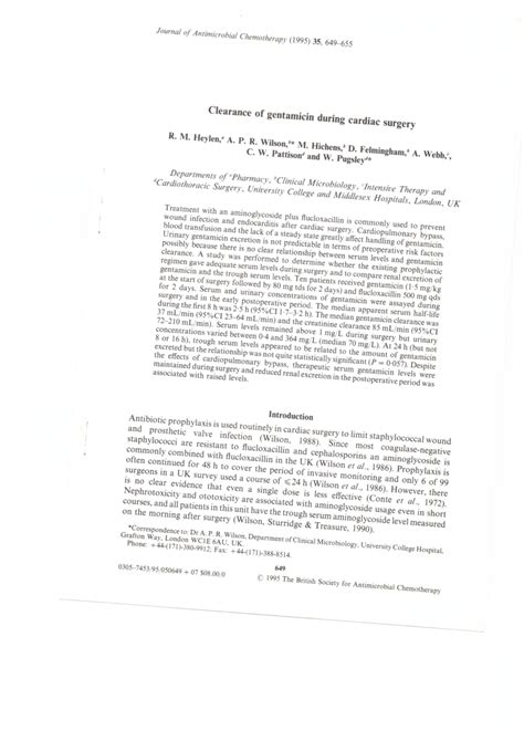 Pdf Clearance Of Gentamicin During Cardiac Surgery