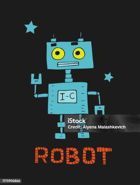 플랫 스타일의 복고풍 로봇의 벡터 그림입니다 어린이용 밝은 프린트 0명에 대한 스톡 벡터 아트 및 기타 이미지 0명 과학 귀여운 Istock