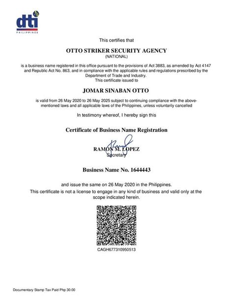 Licenses And Permits Otto Striker Security Agency