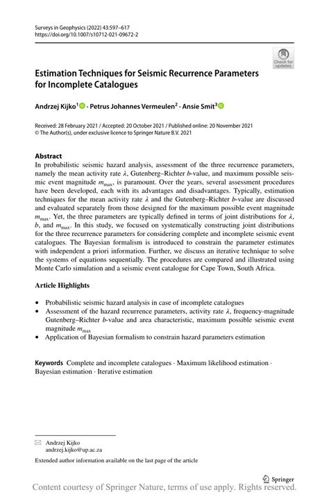 Estimation Techniques For Seismic Recurrence Parameters For Incomplete Catalogues Request Pdf