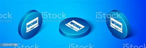 파란색 배경에 격리 된 텍스트 작업 아이콘이있는 아이소메트릭 노트북 파란색 원 버튼입니다 벡터 일러스트레이션 3차원 형태에 대한 스톡 벡터 아트 및 기타 이미지 Istock