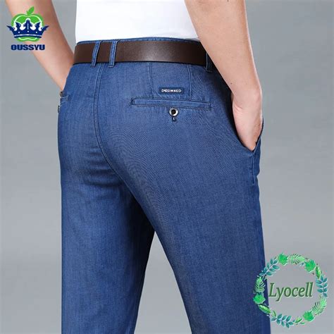 Lyocell 천연 비즈니스 청바지 남성용 얇은 클래식 스트레치 스트레이트 사무실 데님 바지 남성 브랜드 바지 플러스 사이즈