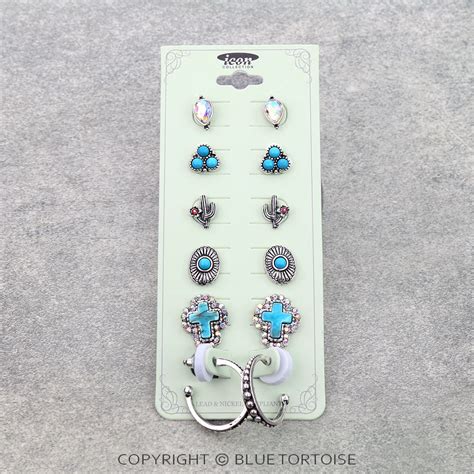 6 Pair Western Design Stud Earring Set Bluetortoisewholesale