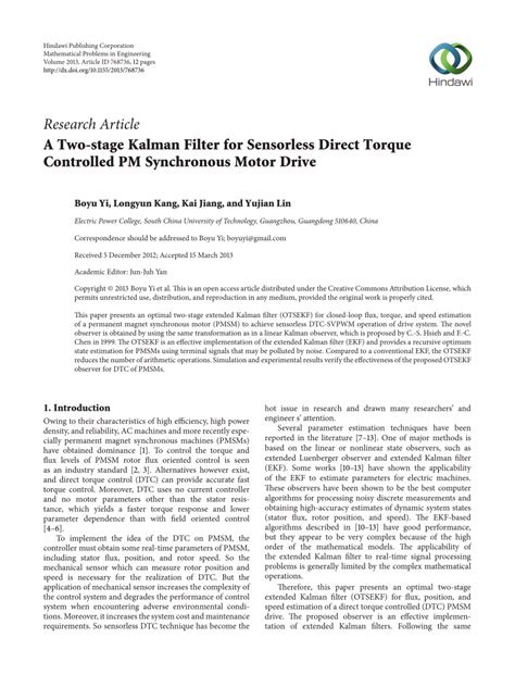 Pdf A Two Stage Kalman Filter For Sensorless Direct Torque Controlled Pm Synchronous Motor Drive