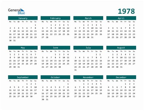 1978 Full Year Calendar With Monday Start