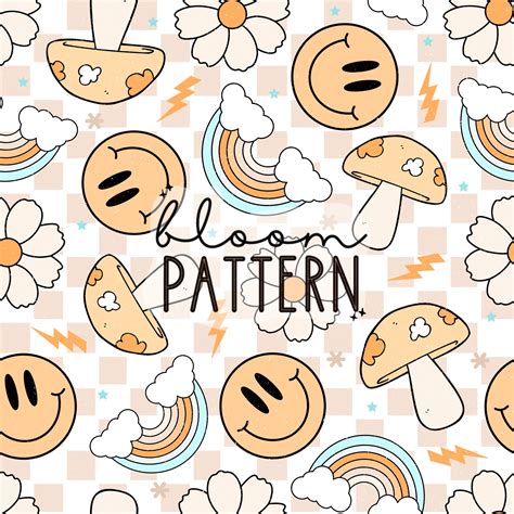 Retro Smiley Face Seamless Pattern Flower Power Seamless Etsy
