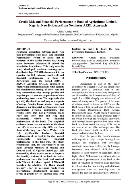 pdf credit risk and financial performance in bank of agriculture