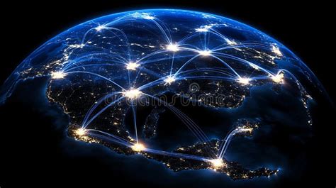 Global Network Connections Illuminated Earth At Night Digital Illustration Stock Illustration