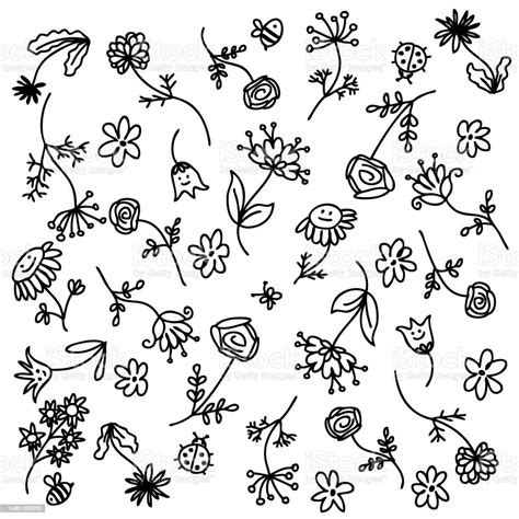 낙서 여름 꽃 단색 패턴입니다 티 포스터 카드를 위한 완벽한 인쇄 장식과 디자인을 위한 복고풍 스타일의 벡터 그림 검은색에 대한 스톡 벡터 아트 및 기타 이미지 Istock