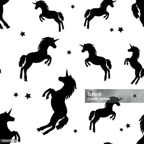 검은 실루엣 유니콘와 흰색 바탕에 별 완벽 한 패턴입니다 벡터 일러스트 레이 션 유니콘에 대한 스톡 벡터 아트 및 기타 이미지 유니콘 검은색 갈기 Istock