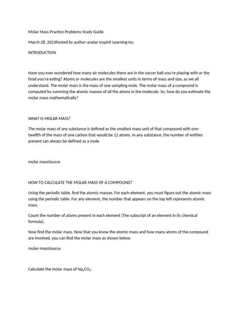 Molar Mass Calculation Pdf