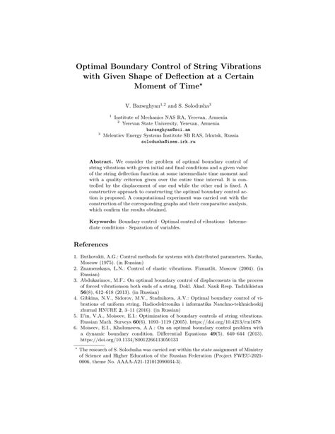 Pdf Optimal Boundary Control Of String Vibrations With Given Shape Of Deflection At A Certain