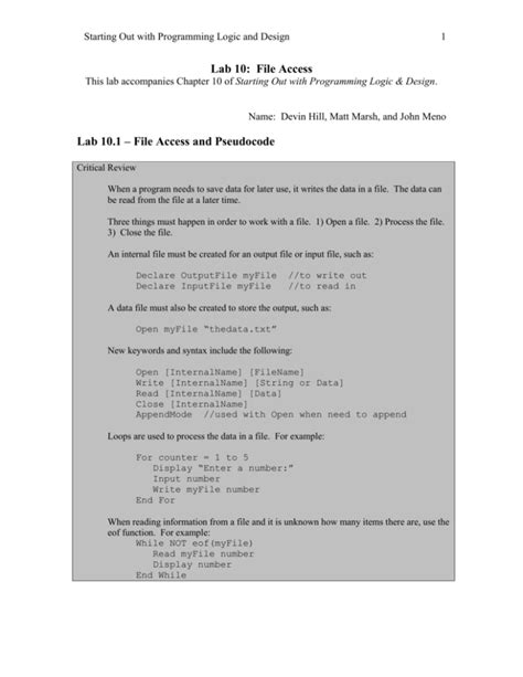 File Access Lab Pseudocode Flowcharts