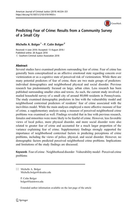 Pdf Predicting Fear Of Crime Results From A Community Survey Of A Small City