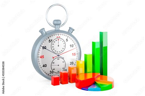 Colored Pie Chart And Bar Graph With Stopwatch Time Management Concept 3d Rendering Stock