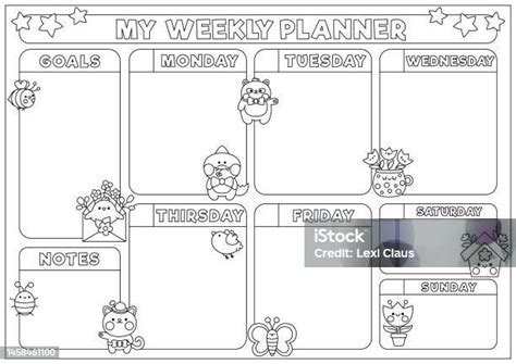 벡터 흑백 봄 주간 플래너와 전통적인 기호 아이들을 위한 귀여운 정원 달력 또는 시간표 부활절 휴일 포스터 또는 카와이 땅벌