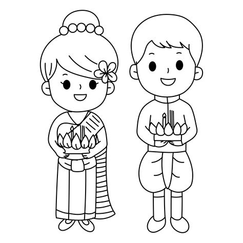 ผู้ชายและผู้หญิงถือกระทง ลายเส้น