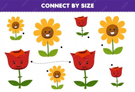 아이들을 위한 교육용 게임은 귀여운 만화 해바라기와 장미 인쇄 가능한 자연 워크시트의 크기로 연결됩니다 프리미엄 벡터
