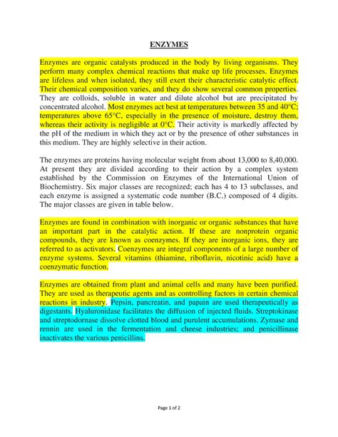 Introduction To Enzymes Page 1 Of 2 Enzymes Enzymes Are Organic
