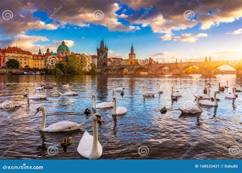 Autumn View To Charles Bridge On Vltava River In Prague Czech Republic