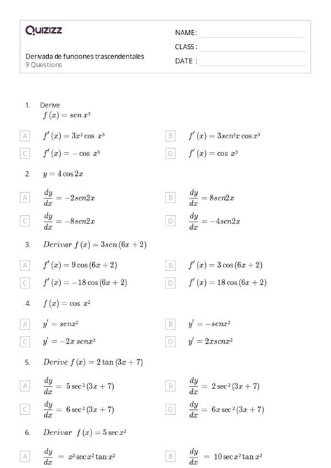 Derivadas De Funciones Integrales Hojas De Trabajo Para Grado En Quizizz Gratis E