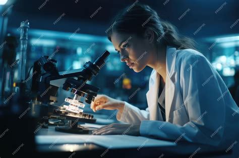 Premium Photo A Woman Intently Examines A Sample Through A Microscope In A Laboratory Setting