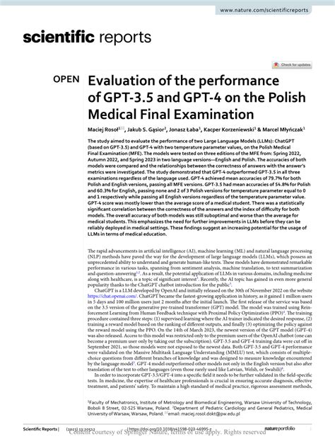 PDF Evaluation Of The Performance Of GPT And GPT On The Polish Medical Final Examination