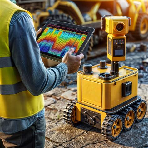 Engineer Operates Robotic Surveyor Analyzing Thermal Scan Data Generative Ai Stock