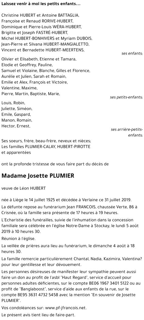 Avis De Décès De Josette Plumier Décédé Le 31 07 2019 à Verlaine Annonce Condoléances Fleurs